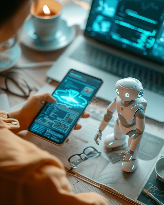 Woman Interacting with a Robot and Smartphone in a Tech-savvy Workspace ...