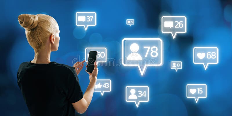 Woman Interacting with Social Media Icons on a Virtual Interface, Blue ...