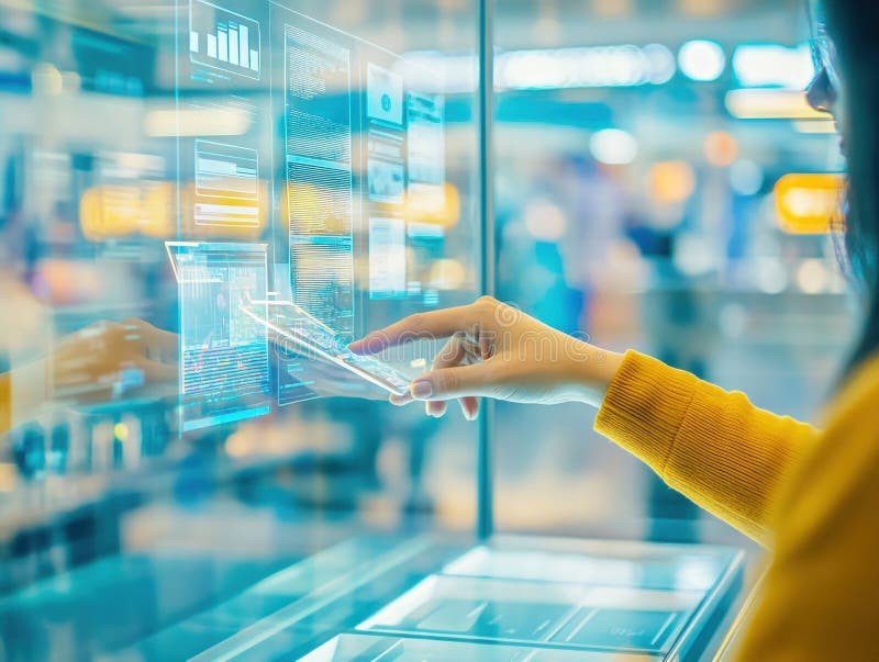 Woman Interacting with Transparent Augmented Reality Interface Displaying Data Charts Stock ...