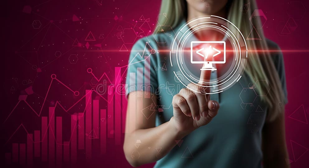 Woman Interacting with Virtual Coding Interface for Digital Business ...