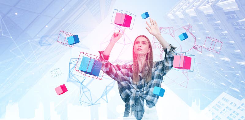 Woman Interacting with Virtual Geometric Shapes in Augmented Reality ...