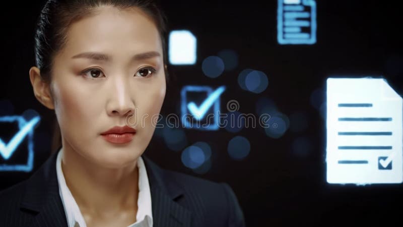 Woman Interacts with Futuristic Virtual Screen Displaying Documents and ...