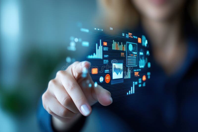 Woman Interacts with Glowing Hologram Displaying Data Analytics and ...