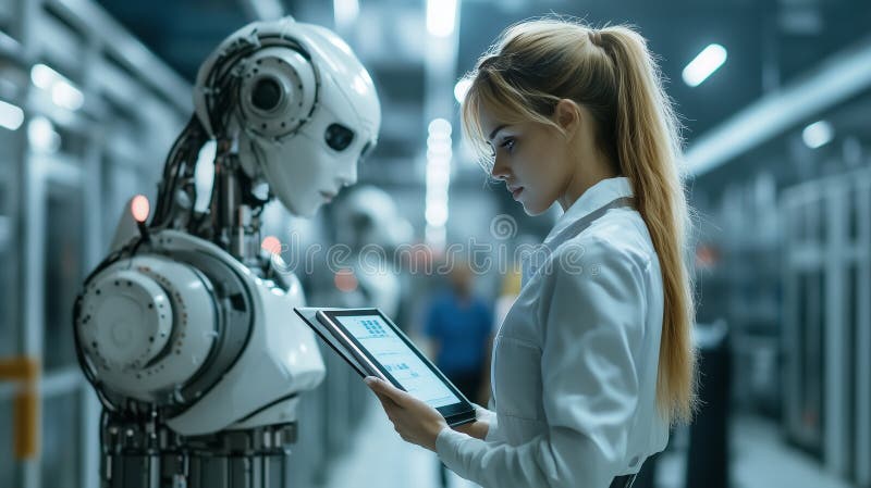 A Woman Interacts with a Humanoid Robot in a High-tech Laboratory ...