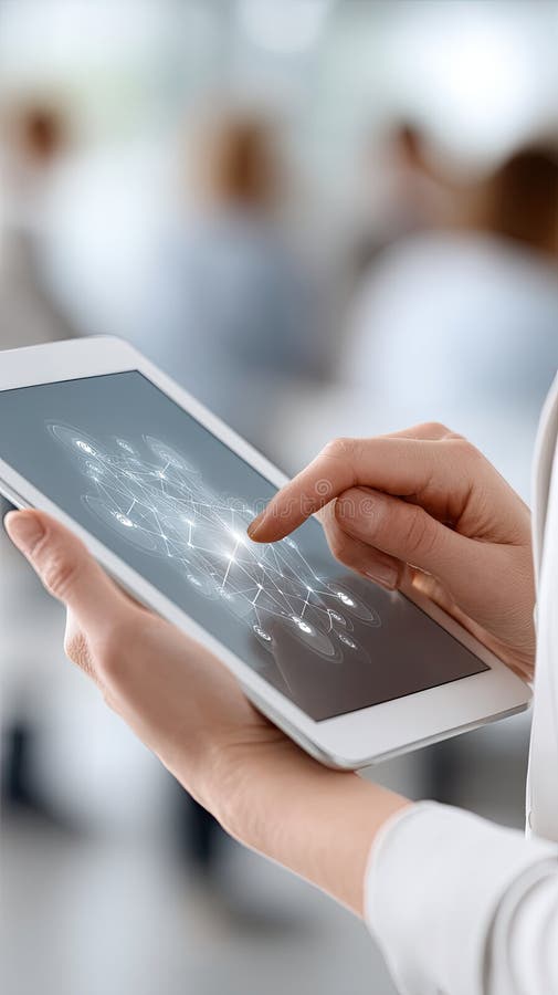 A Woman Interacts with an IPad Displaying Her Professional Profile and ...
