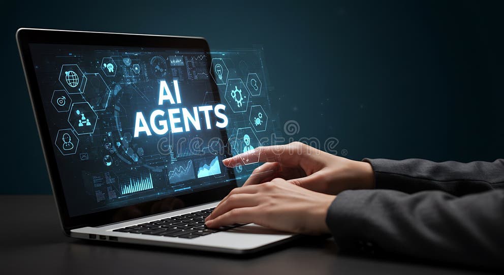 A Woman Interacts with a Laptop Displaying "AI AGENTS" on the Screen ...