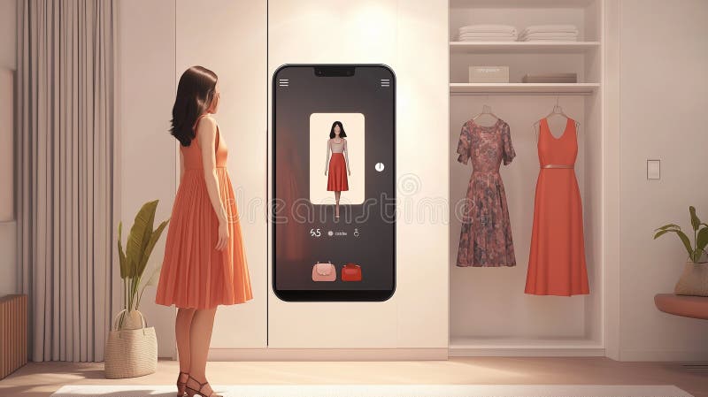 A Woman Interacts with a Virtual Dressing Room Display Featuring ...