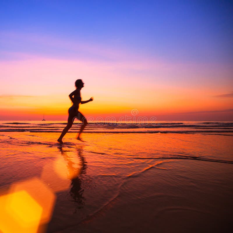 Woman Jogger on the Beach at Sunset. Stock Photo - Image of postcard ...