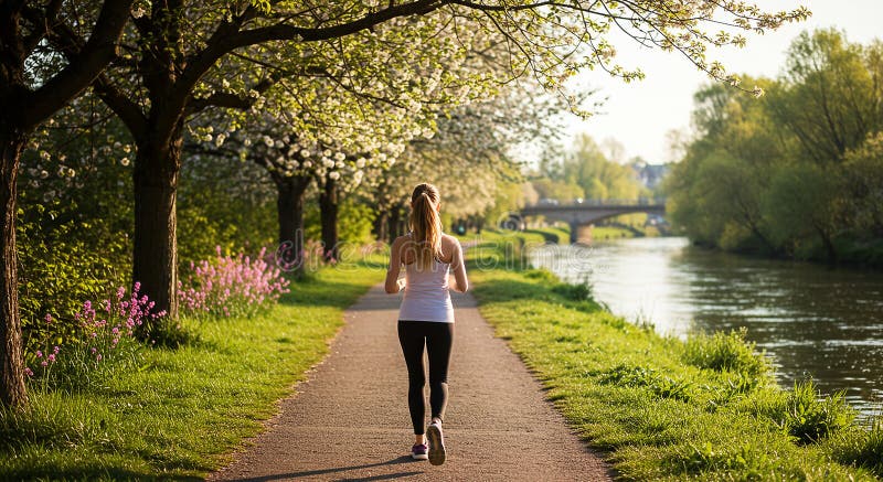 A Woman Jogs Along a Paved Path beside a Tranquil River, Surrounded by ...
