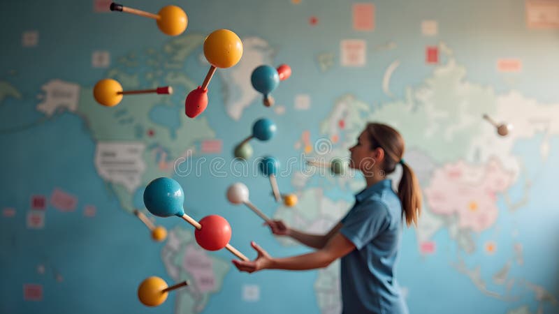A Woman is Juggling Molecules in Front of a Colorful World Map Backdrop ...