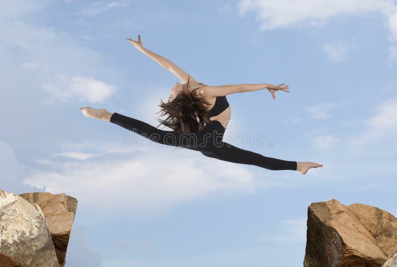 Woman Jumping Over the Gap at Blue Sky Stock Image - Image of people ...