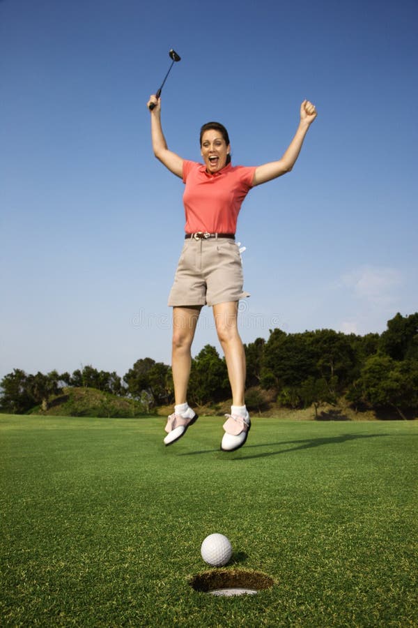 Man Jumping for Joy Over Good Golf Shot. Stock Photo - Image of ...