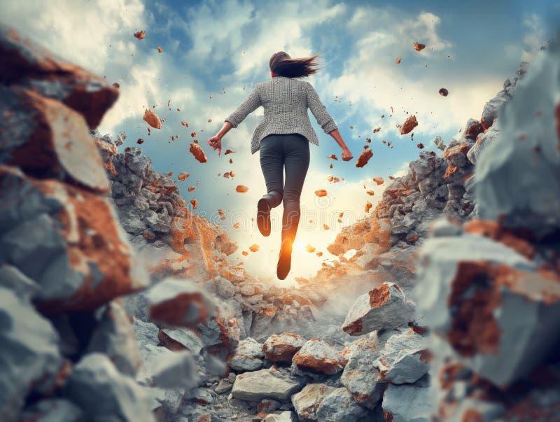 A Woman is Jumping Over a Wall of Rubble Stock Photo - Image of female ...