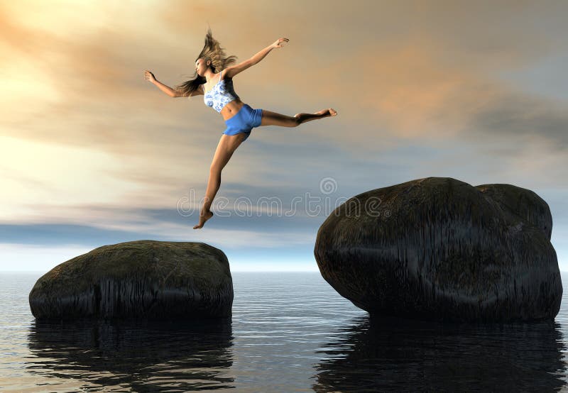 Woman Jumping between Rocks Stock Illustration - Illustration of active ...