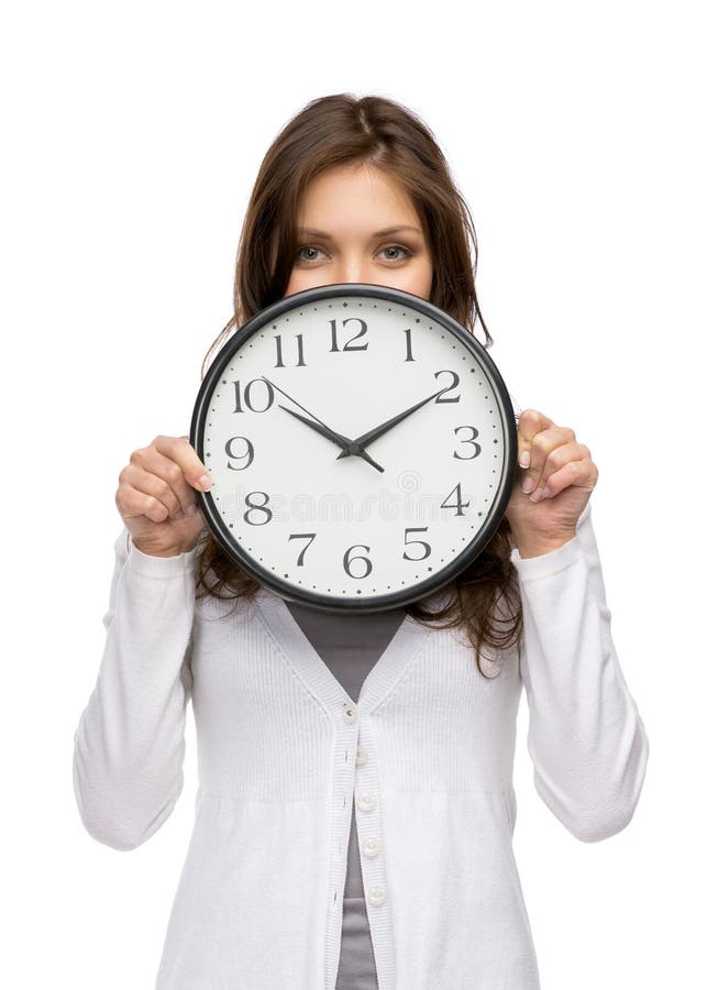 Woman keeping clock stock photo. Image of lovely, hold - 34419046