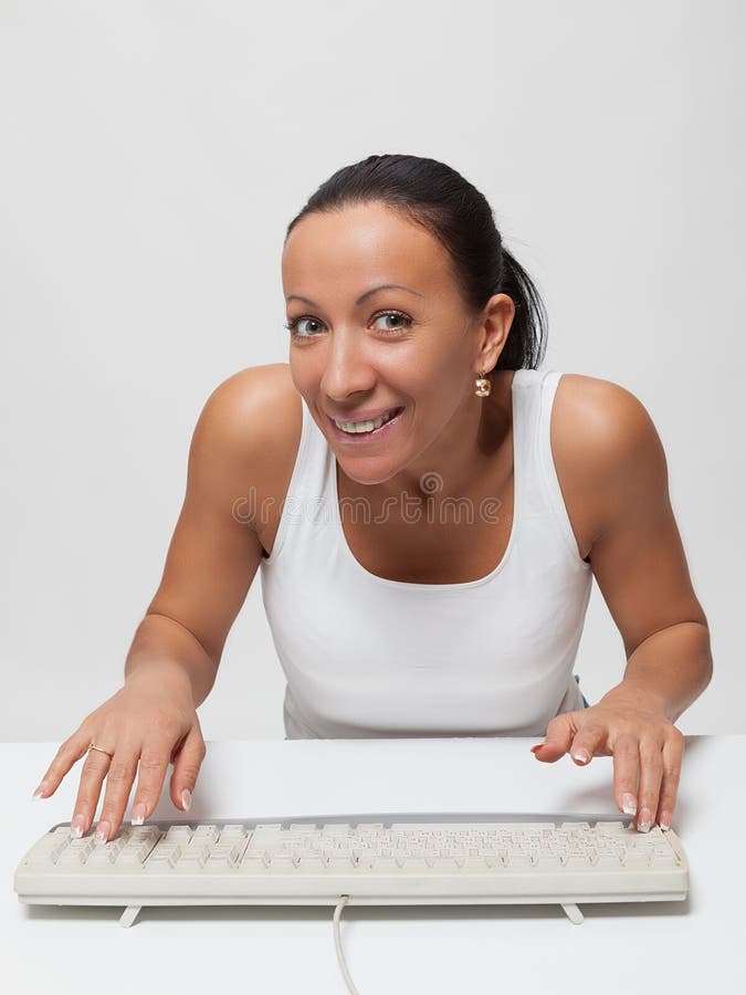 Woman with Keyboard Looking Up. Working at Home. Stock Photo - Image of ...