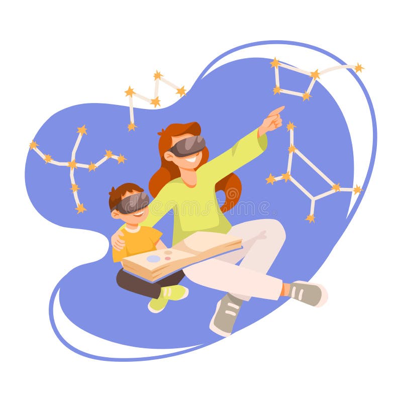Woman with Kid in Augmented Reality Glasses Watching Constellation ...