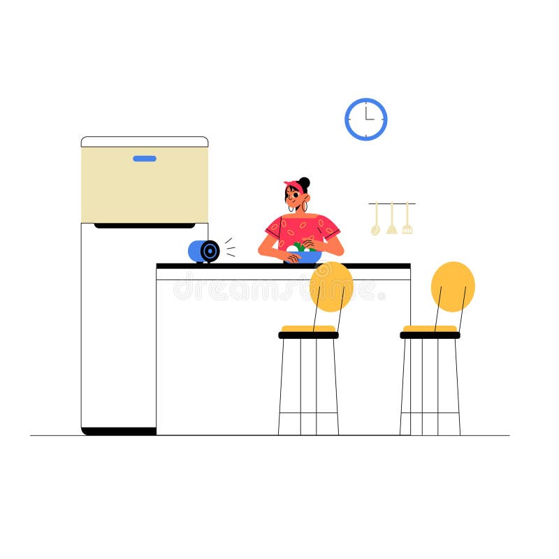 Smart Speaker in Kitchen with Woman Having Breakfast in Flat Vector ...