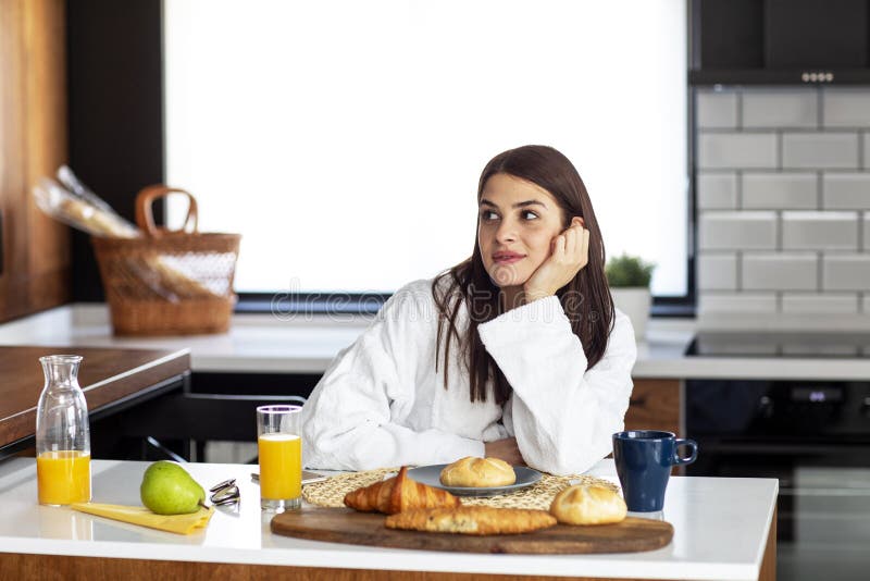 Woman in Kitchen Eat Breakfast in the Morning Stock Image - Image of ...