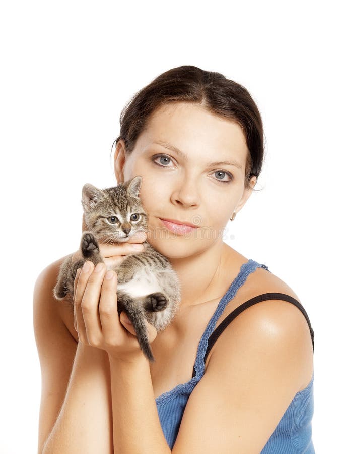 Woman in bed with kitten stock image. Image of smile - 44654699