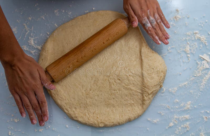 Woman Kneading Dough with Rolling Pin Stock Image - Image of homemade ...