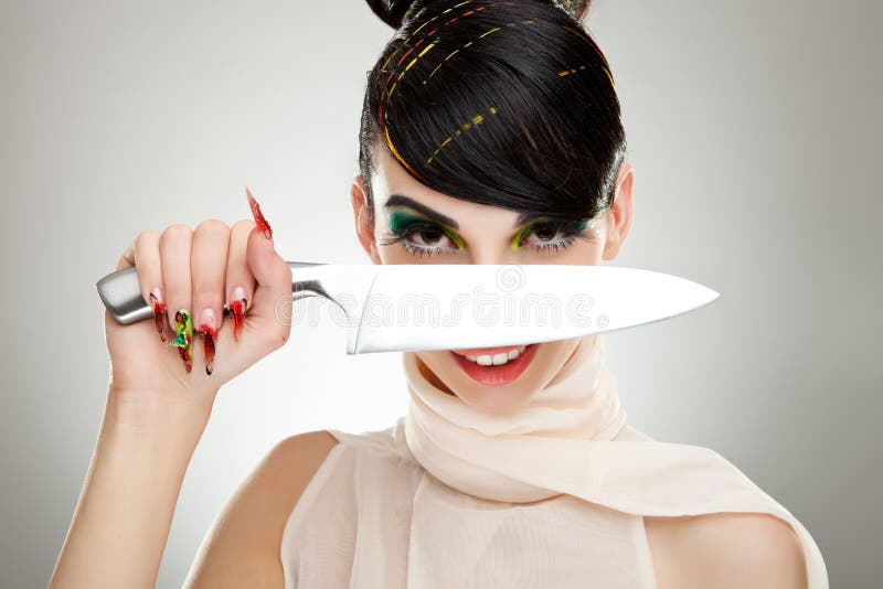 Woman with a Knife Over Her Face Stock Photo - Image of happy, girl ...
