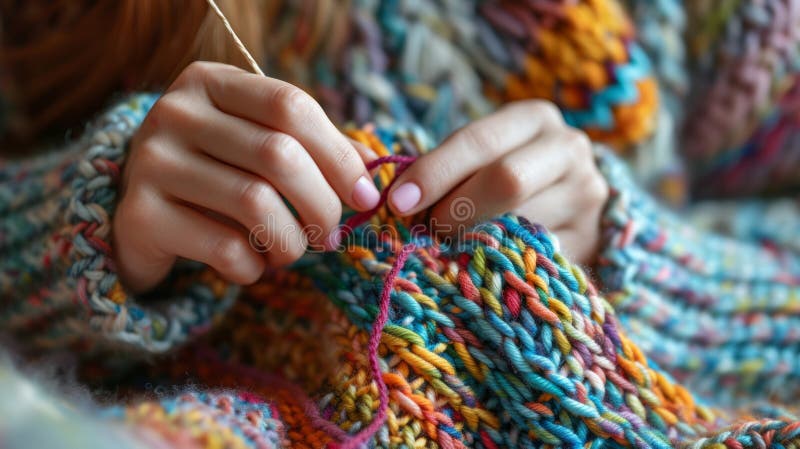 Woman Knits a Sweater from Multi-colored Threads Stock Image - Image of ...