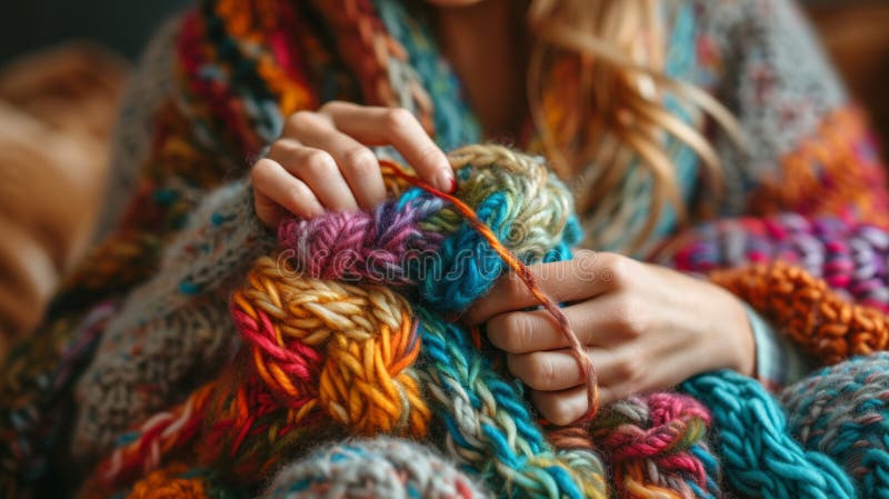 Woman Knits a Sweater from Multi-colored Threads Stock Photo - Image of ...