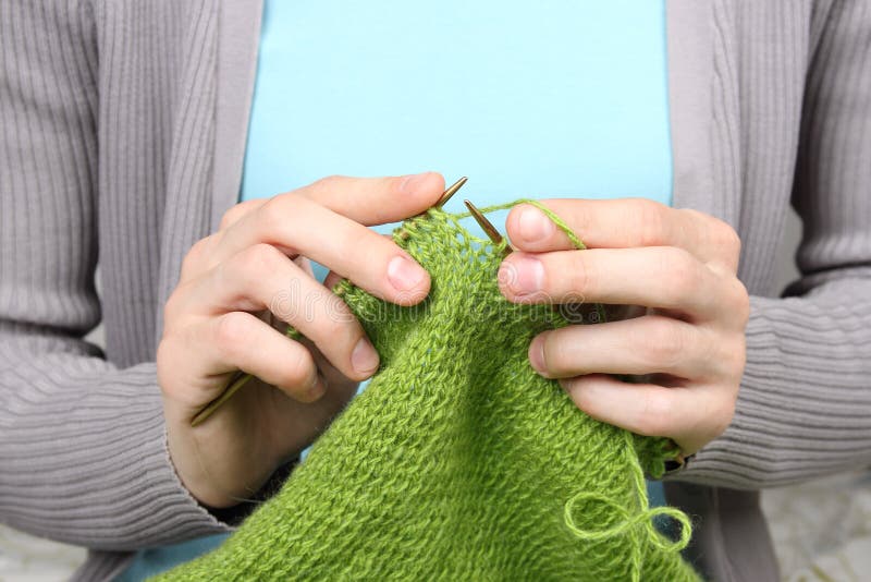 Woman Knitting Green Woolen Threads Closeup Stock Image - Image of ...