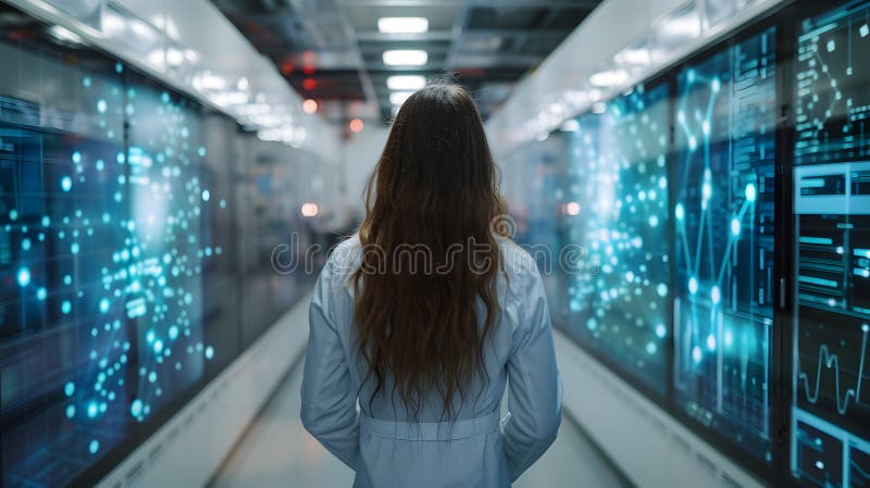 A Woman in a Lab Coat is in a Building Hallway, Staring at a Computer ...
