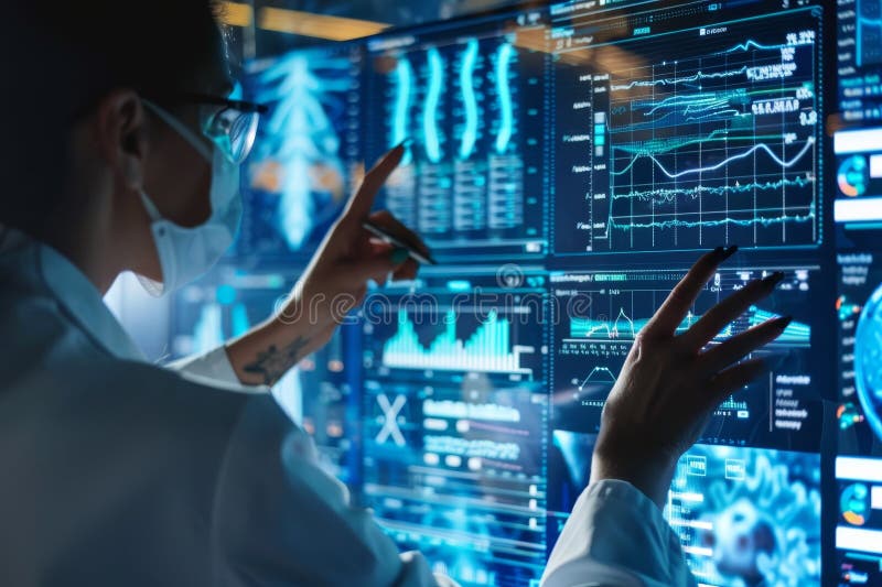 A Woman in a Lab Coat Carefully Studies Data on a Computer Screen in a ...
