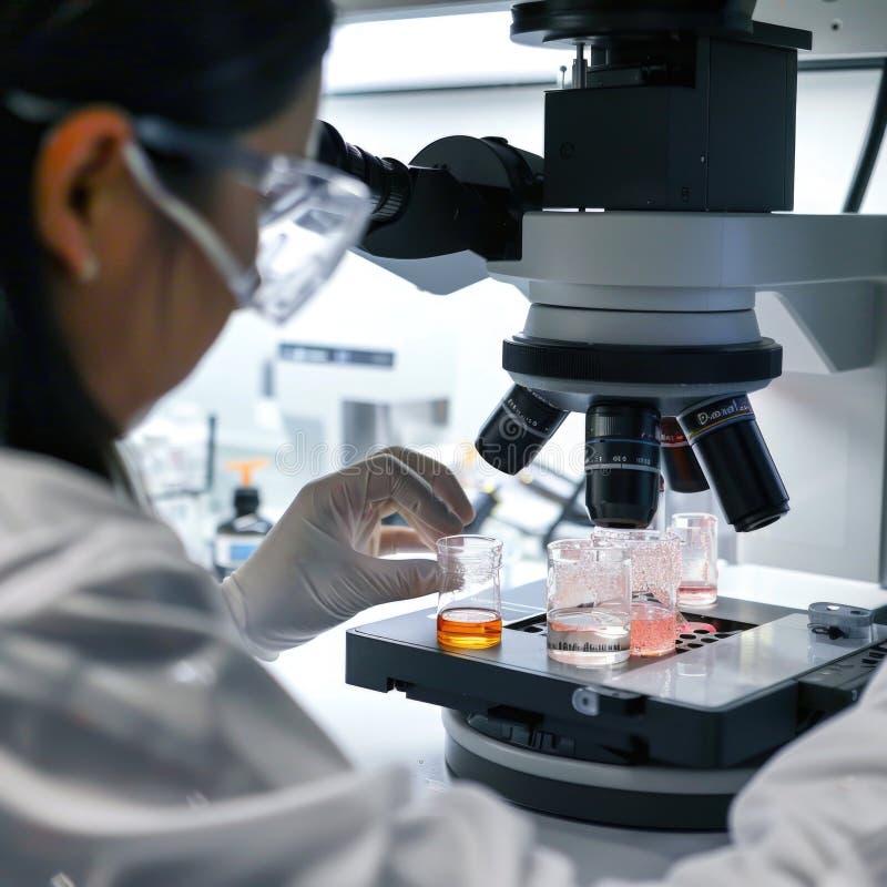 A Woman in a Lab Coat Examines a Microscopic Specimen Under a ...