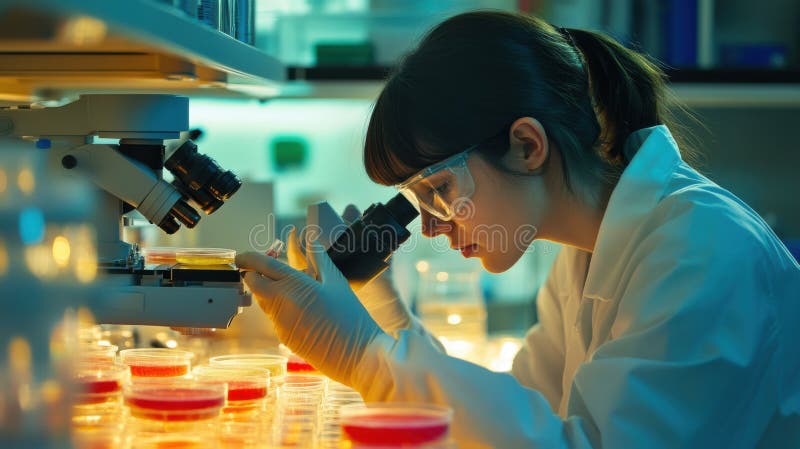 A Woman in a Lab Coat is Looking through a Microscope at a Slide Stock ...