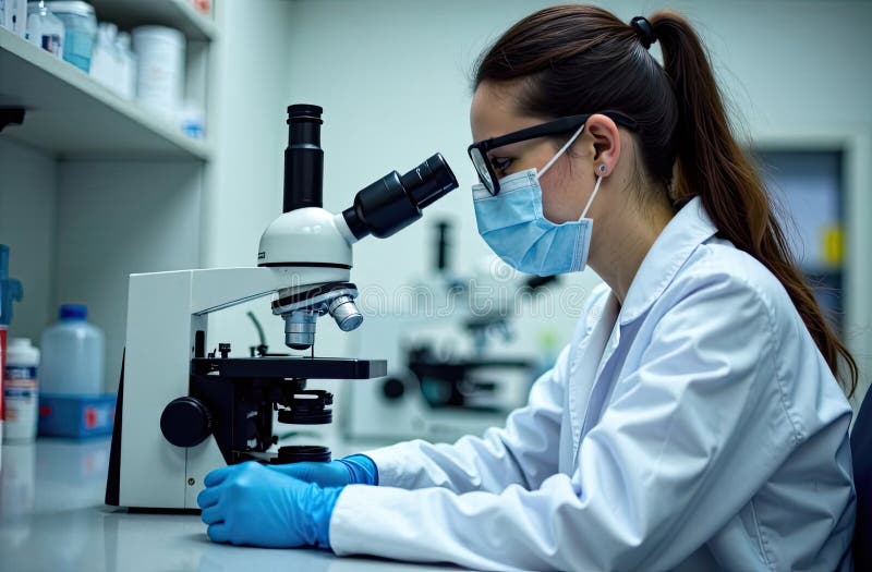 Scientist Examining Samples Under Microscope in Laboratory Setting ...