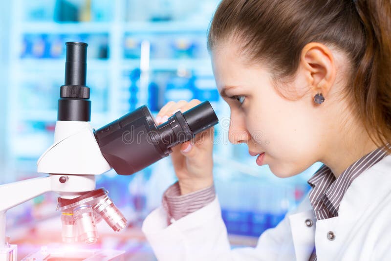 Woman Laboratory Assistant Enters Work Data into the Database Stock ...