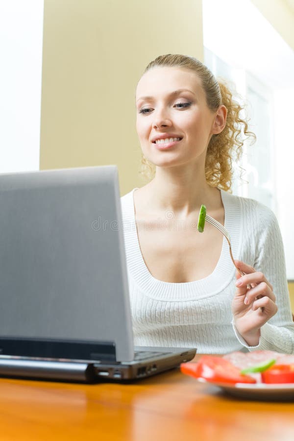 Businesswoman in Cubicle Eating Sushi Smiling Stock Photo - Image of ...