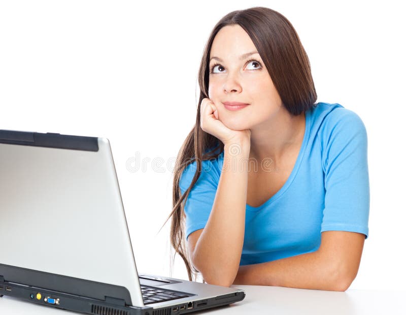 Thinking Laptop Girl stock image. Image of white, teenage - 3219755