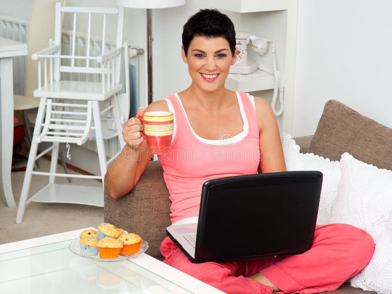 Woman with laptop stock image. Image of muffins, computer - 19920489