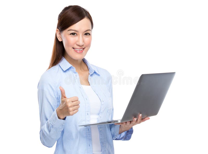 Woman with Laptop Computer and Thumb Up Stock Image - Image of people ...