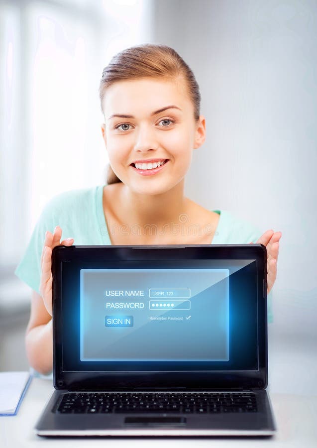 Woman with Laptop Computer and Virtual Screen Stock Image - Image of ...