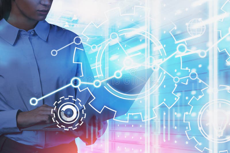 Woman with Laptop in Data Center, Gears Stock Photo - Image of ...