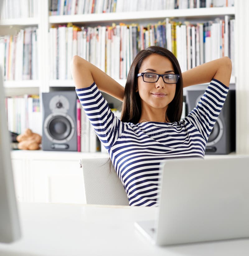 Woman, Laptop and Desk for Remote Work, Thinking and Relax Technology ...
