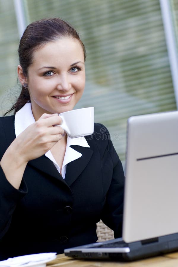 Woman with Laptop Drinking Coffee Stock Photo - Image of happy, laptop ...