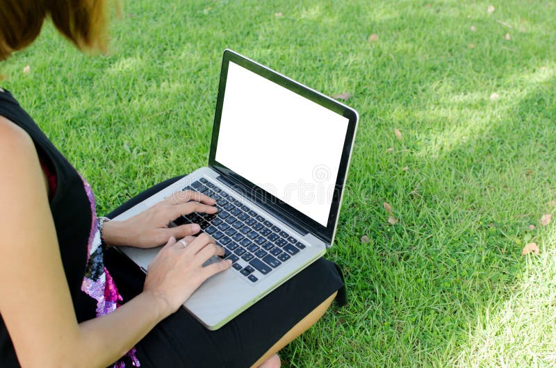 Woman laptop garden stock photo. Image of learn, work - 62661554
