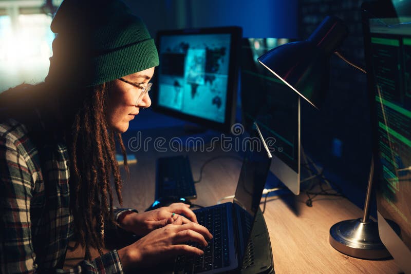 Woman Laptop And Hacker Typing In Home With Software Data Programming Or Cybersecurity
