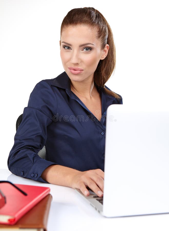 Confident Business Woman Working with Computer in Office. Blonde Female ...