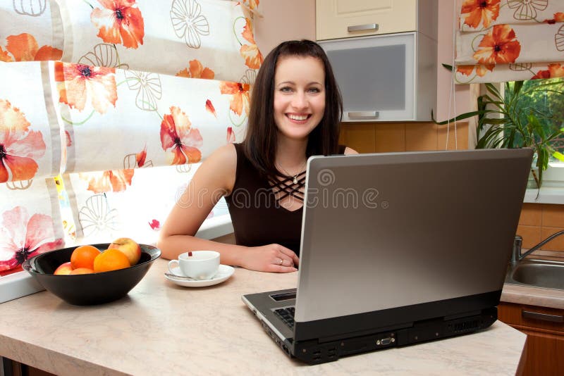 Woman with Laptop in Kitchen Stock Image - Image of domestic, laptop ...