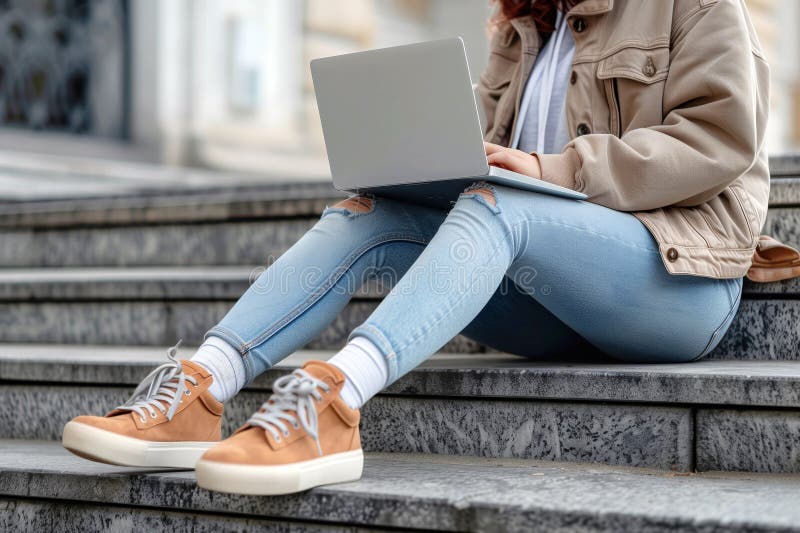Woman with a Laptop Outdoors on the University Steps, Focused on ...