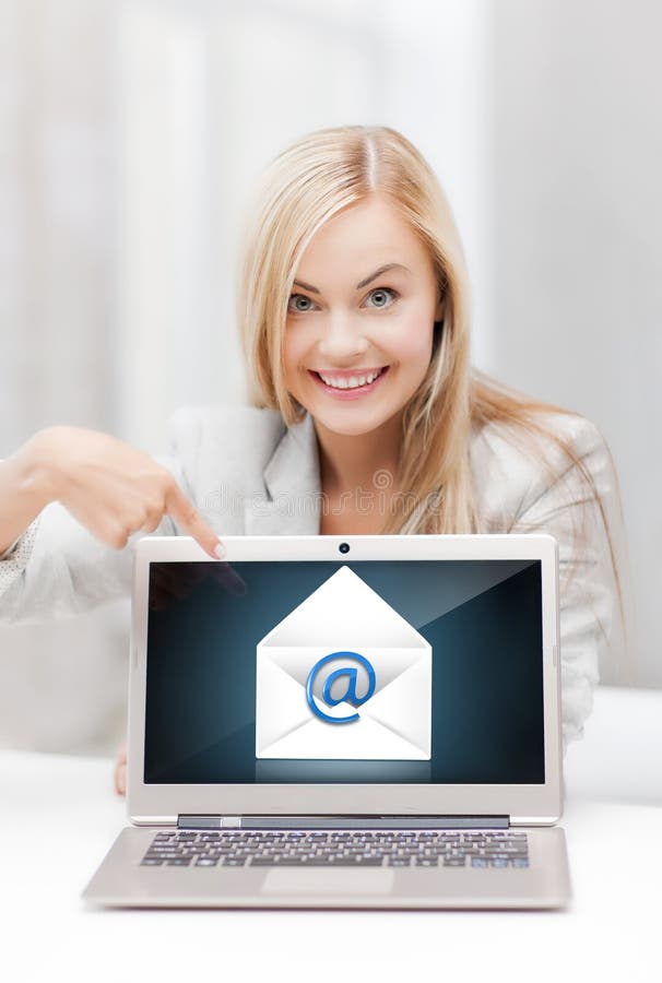 Woman with Laptop Pointing at Email Sign Stock Image - Image of ...