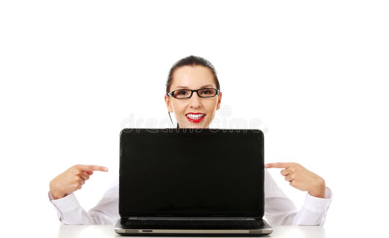 Woman with Laptop Points To the Screen. Stock Image - Image of adult ...